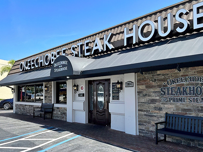 Stone facade and classic signage whisper "serious steaks inside" – and they're not kidding around, folks.
