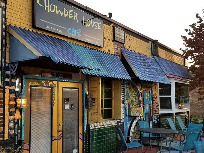 The yellow brick exterior with vibrant blue awnings stands like a cheerful anomaly in Ohio—a coastal daydream that somehow materialized in the Midwest. 