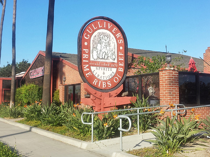 The brick exterior of Gulliver's Restaurant stands like a medieval outpost in Irvine, promising culinary adventures behind those heavy wooden doors.