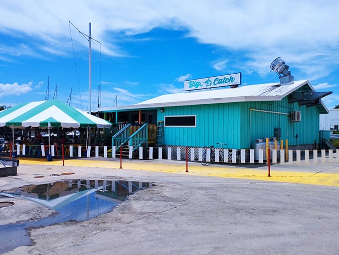 The turquoise facade of The Big Catch isn't trying to hide – it's proudly announcing that Florida seafood magic happens here. No pretense, just promise.
