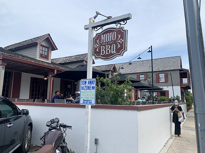 The unassuming entrance to BBQ nirvana. Mojo's rustic charm beckons hungry travelers like a smoky siren call to the historic streets of St. Augustine.