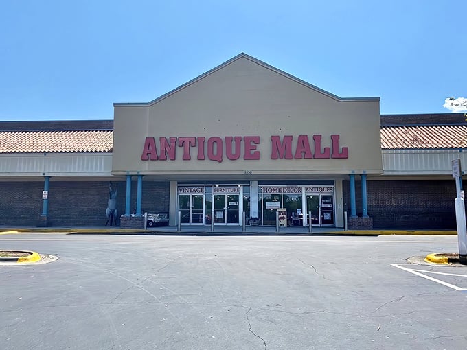 The unassuming exterior of Lakeland Antique Mall belies the wonderland of treasures waiting inside. Like a time machine disguised as a strip mall storefront.