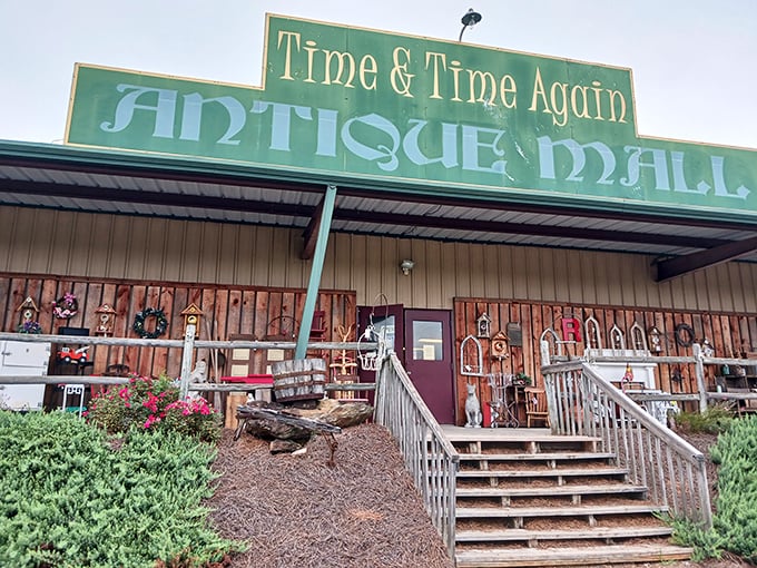 The iconic green sign welcomes treasure hunters to Time And Time Again, where the wooden steps lead to adventures that can't be rushed.