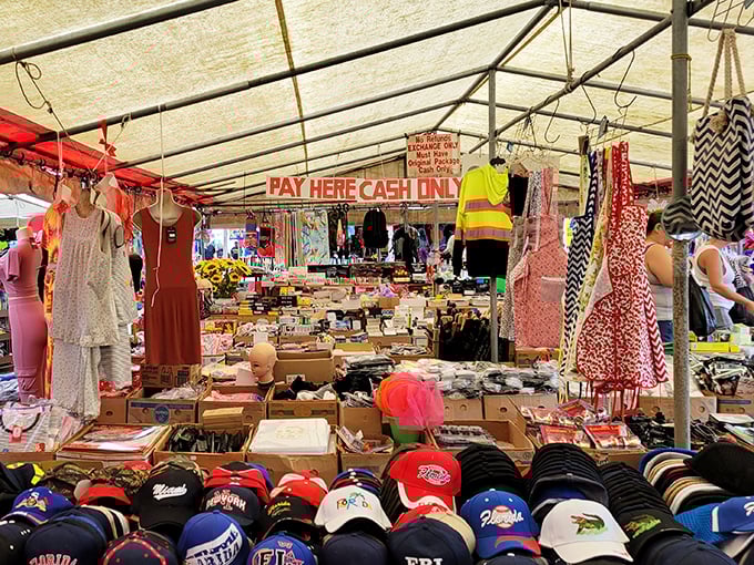 Treasure hunting begins under these shaded canopies, where one person's castoffs become another's must-haves. The thrill of the find is universal.
