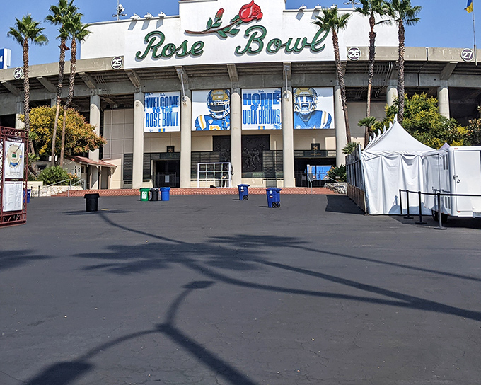 The iconic Rose Bowl stadium transforms once a month from sports venue to treasure hunter's paradise, standing sentinel over acres of potential discoveries.