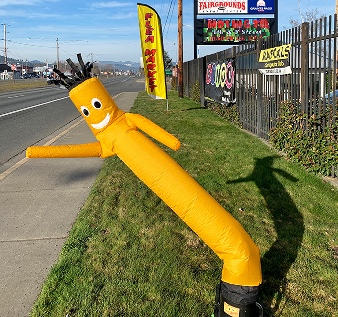 The cheerful yellow tube man waves frantically outside the fairgrounds, like an old friend who's had too much coffee but still gives the best directions. 