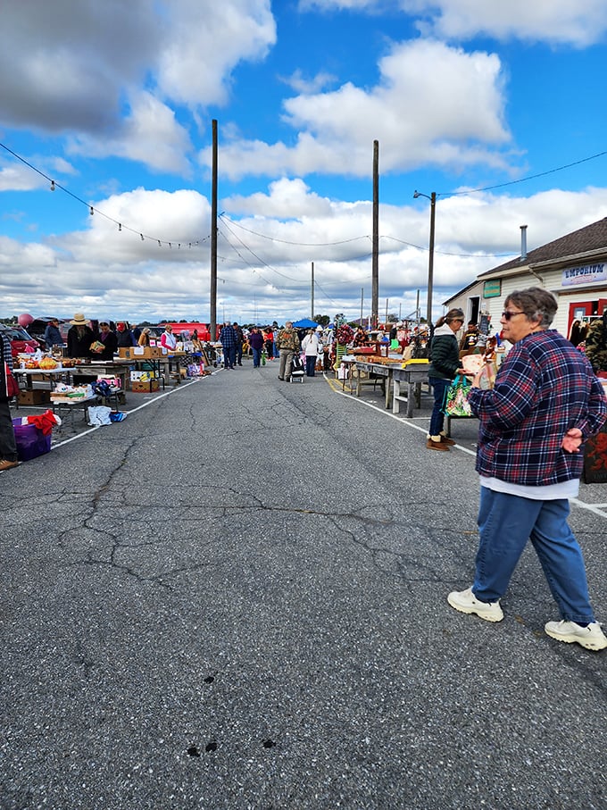 The treasure hunt begins! Root's sprawling outdoor marketplace beckons with endless rows of possibility under Pennsylvania's big blue sky.