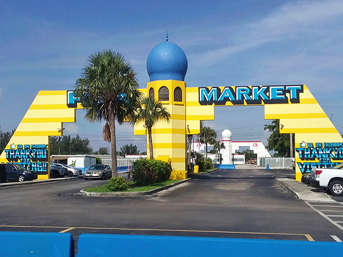 Welcome to the Arabian Nights meets Miami Beach - where blue domes crown yellow stripes in architectural harmony.
