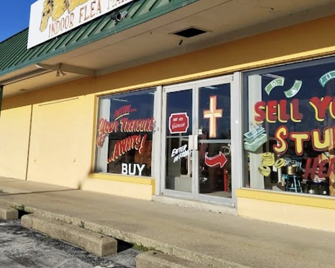 The unassuming yellow exterior of Treasures Indoor Flea Market promises little but delivers big—like finding an extra onion ring in your fries.