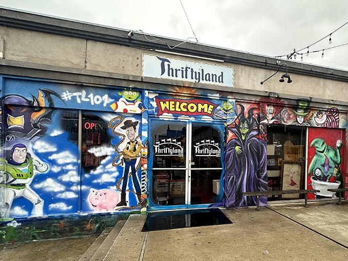 The colorful facade of Thriftyland101 serves as a playful prelude to the treasure hunt within, complete with beloved cartoon characters welcoming bargain seekers.