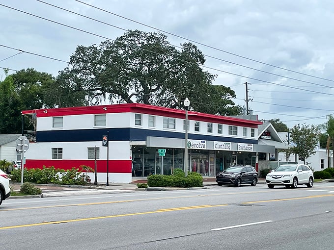 The red, white, and blue exterior promises patriotic shopping adventures inside this St. Petersburg treasure trove.