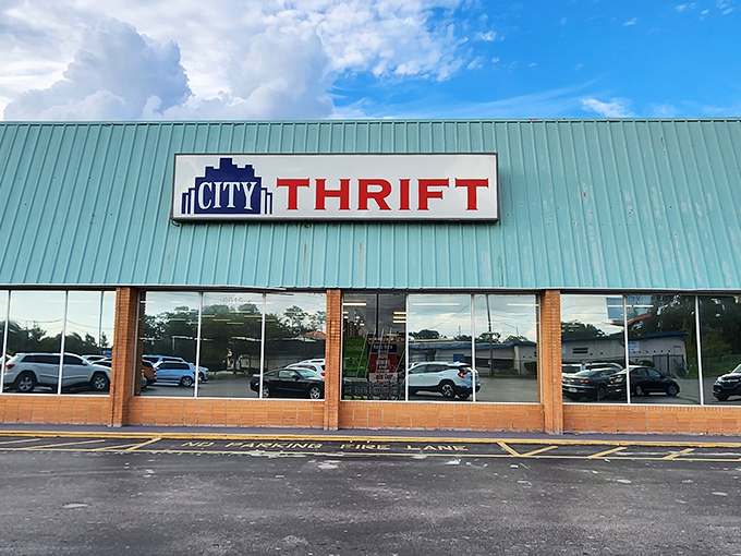 The teal-roofed treasure chest of Orlando beckons with its bold signage—a siren call to bargain hunters and thrift enthusiasts alike.