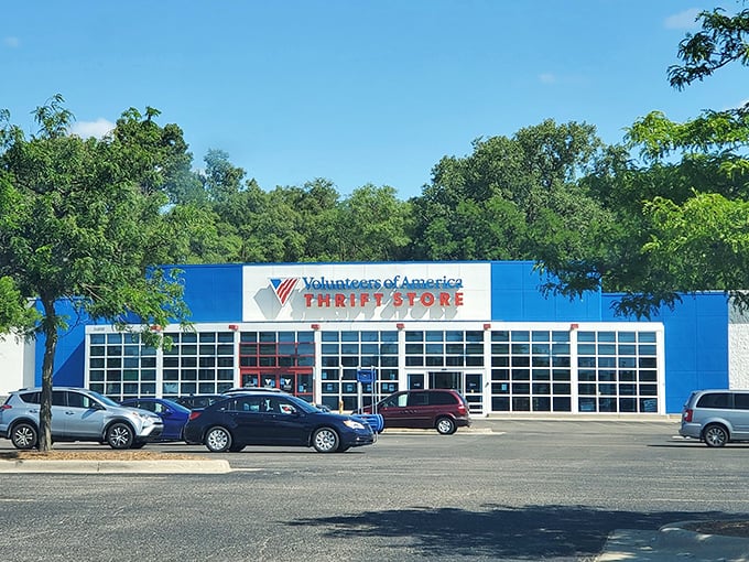 The bright blue facade of VOA Westland stands like a beacon of bargain possibilities – retail therapy without the retail prices.