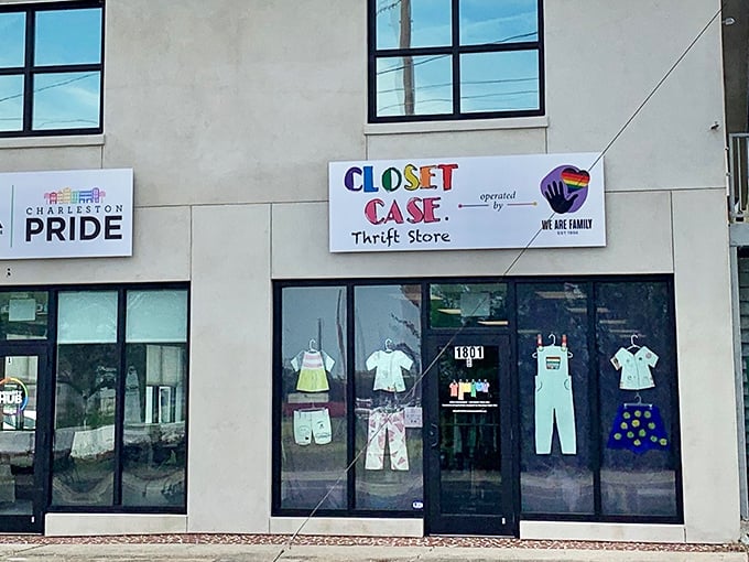 The colorful storefront of Closet Case Thrift Store beckons with promise – where fashion finds and budget-friendly treasures await North Charleston bargain hunters.