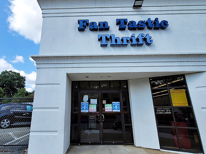 The blue signage against the white building is like a beacon for bargain hunters—Fan Tastic Thrift's exterior promises treasures within for the patient explorer.