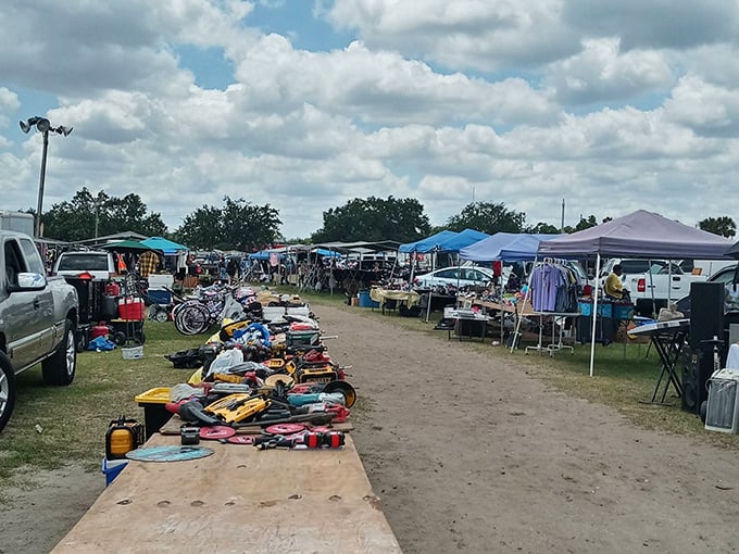 Where treasure hunting meets Florida sunshine – rows of vendors offering everything from kitchenware to chainsaws under brilliant blue skies.