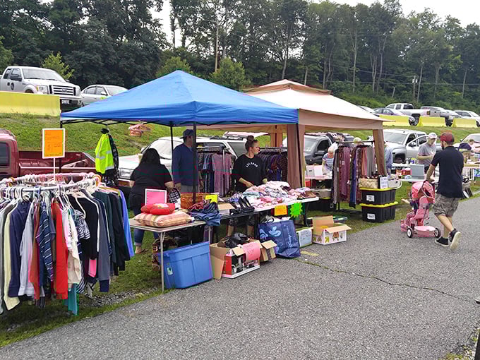 Treasure hunting begins under blue canopies where clothing racks stand like sentinels guarding hidden gems. The weekend ritual of discovery unfolds one table at a time.