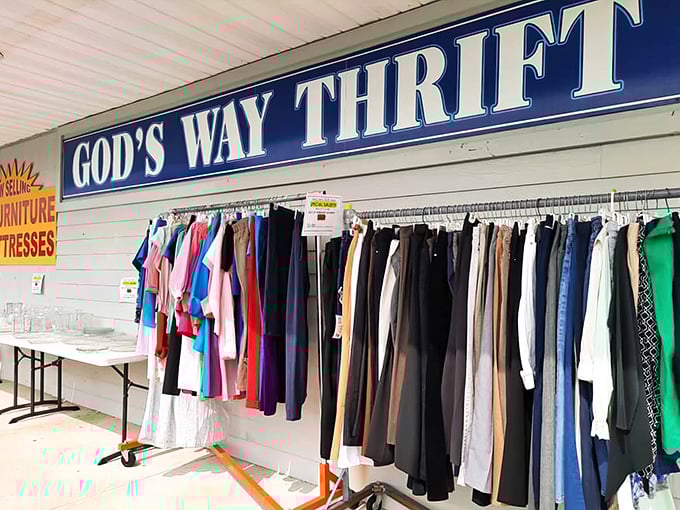 The blue and white sign says it all – treasure hunting begins here, where your wallet gets a vacation while your shopping cart doesn't.
