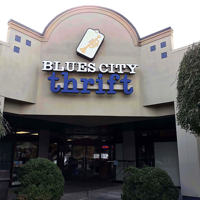 The trumpet tag logo says it all – Blues City Thrift is Memphis' symphony of secondhand treasures, where every visit hits a different note.