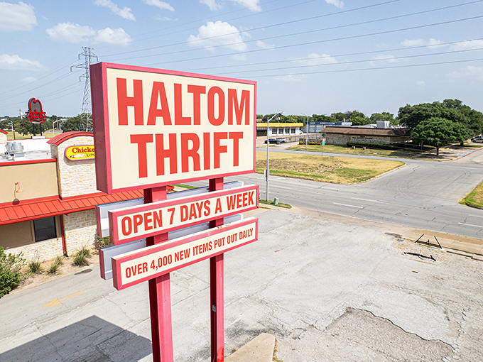 The iconic red lettering of Haltom Thrift stands out like a beacon for bargain hunters. This unassuming storefront houses treasures that would make any thrift enthusiast's heart race.