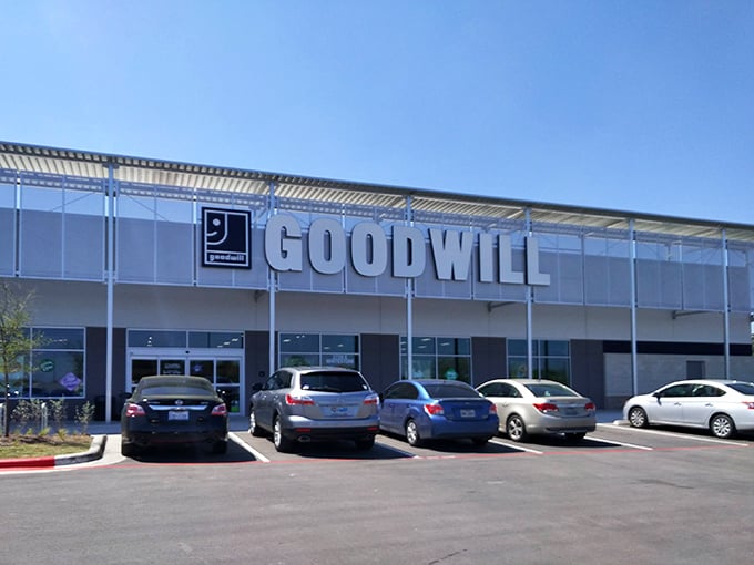 The modern facade of Goodwill's Whitestone location belies the treasure trove within—like finding a five-star buffet hiding in plain sight off the highway.