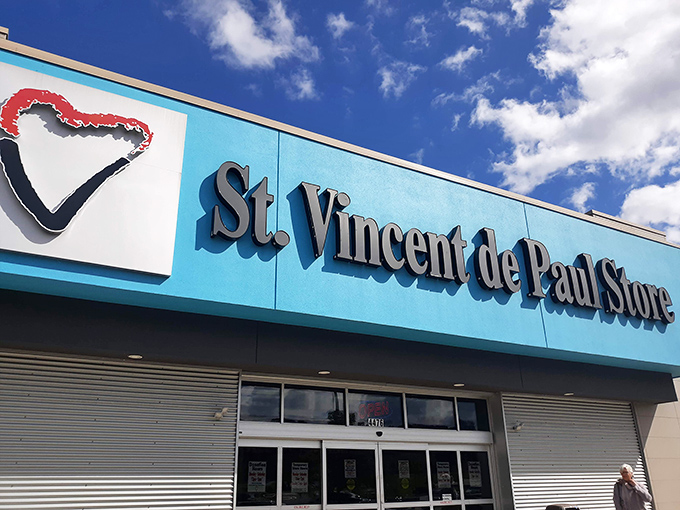 The bright turquoise facade of St. Vincent de Paul isn't just eye-catching—it's a beacon calling all treasure hunters to the motherlode of Wisconsin thrifting.