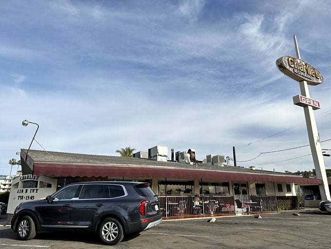 The weathered sign beckons like an old friend – Charlie's has been serving Escondido comfort food long before Instagram made breakfast famous.