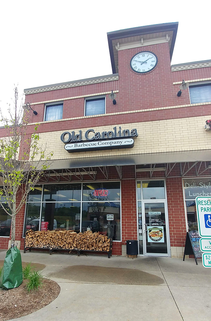 The stack of firewood outside isn't just for show—it's the first clue that Old Carolina takes its smoke seriously. BBQ authenticity starts here.