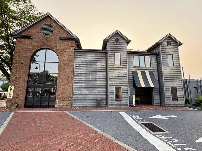 The brick-and-wood exterior of Miller's Smorgasbord stands like a delicious promise at the crossroads of tradition and comfort food paradise.
