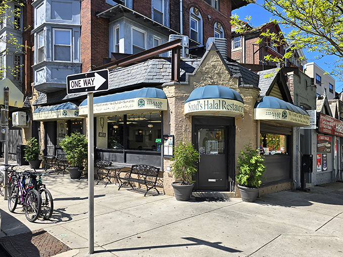 The unassuming storefront of Saad's Halal Restaurant, where culinary magic happens without the flash and dazzle of tourist traps.