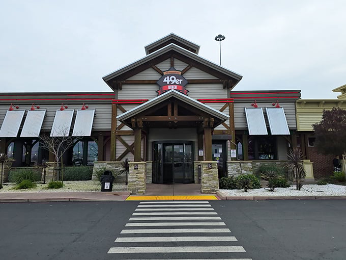 The 49er Diner's rustic exterior promises Gold Rush-themed comfort without the need for a pan or pickaxe. Just bring your appetite instead.