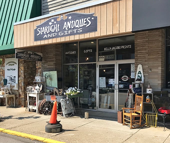 The welcoming storefront of Starlight Antiques beckons with its charming display of vintage treasures, like an old friend inviting you in for coffee and conversation.