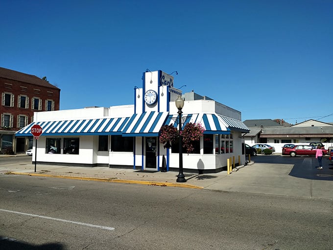 That iconic blue and white striped awning isn't just eye-catching—it's a beacon of hope for hungry travelers and locals alike in downtown Chillicothe.