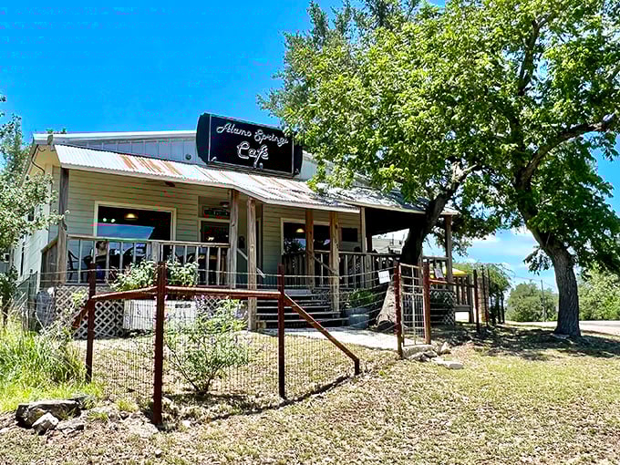 The unassuming red exterior of Alamo Springs Café stands like a burger beacon in the Hill Country wilderness. Texas food pilgrims know: appearances can be deliciously deceiving.