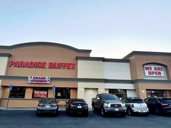 The unassuming strip mall exterior of Paradise Buffet belies the culinary wonderland within. Like finding a treasure map in your junk drawer—unremarkable until you realize what it leads to.