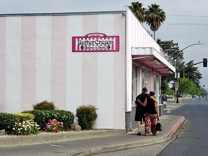 The pink and white striped exterior of Butter Cream isn't just a building—it's a promise of sweetness that's been keeping Napa residents coming back for generations.