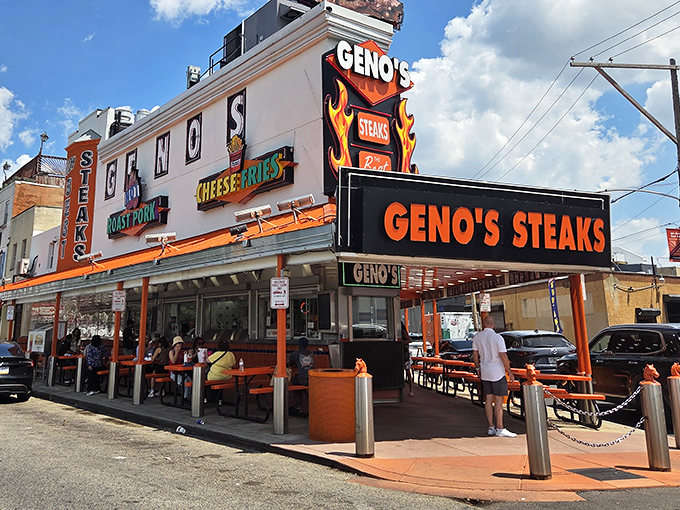 The Vegas Strip meets South Philly in this neon-drenched temple to beef and cheese. Geno's iconic façade promises delicious adventures ahead.
