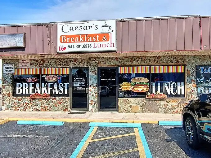 Stone facade meets breakfast dreams - Caesar's humble exterior hides culinary treasures that draw pilgrims statewide.