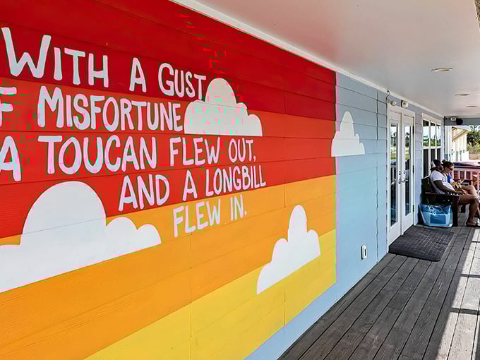 The cheerful blue exterior of LongBill's with its vibrant sunset mural practically screams "fresh seafood inside!" Those colorful Adirondack chairs are calling your name.