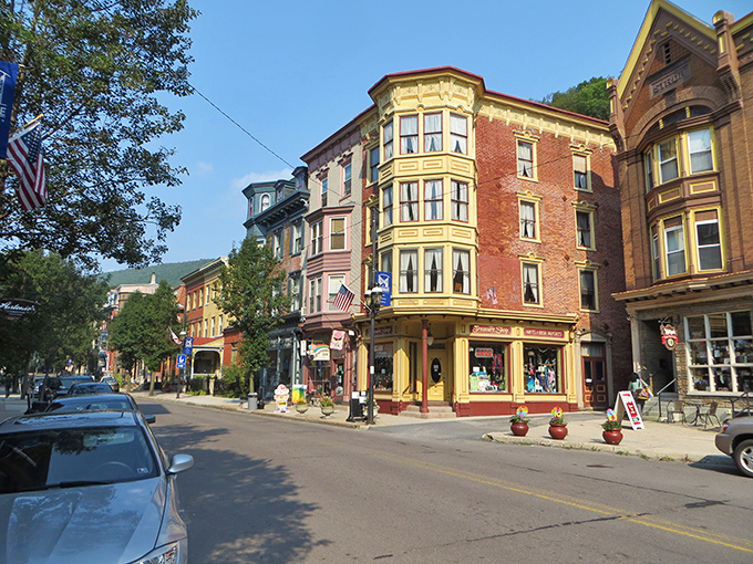 Victorian architecture stands proudly against Pennsylvania's blue sky, like a movie set where the past and present mingle on Broadway's red brick canvas.