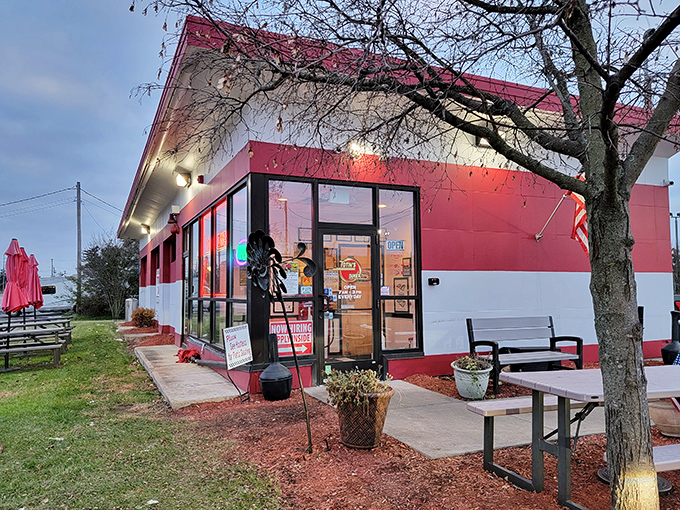 That red and white exterior might look humble, but breakfast magic happens behind those doors every single day.