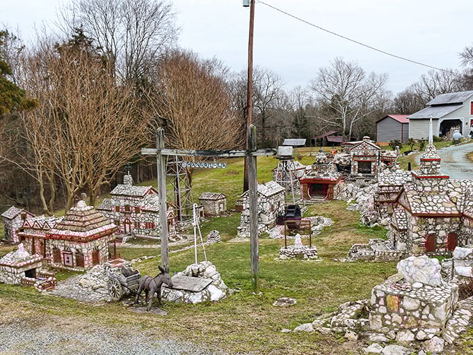 A miniature metropolis where the buildings might be small, but the craftsmanship is enormous. Stone houses with distinctive red trim create a whimsical landscape.