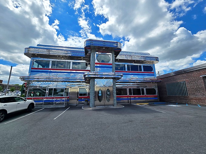 The mothership has landed! Goobers' gleaming chrome exterior isn't just a diner—it's a time machine with a side of pancakes waiting inside.