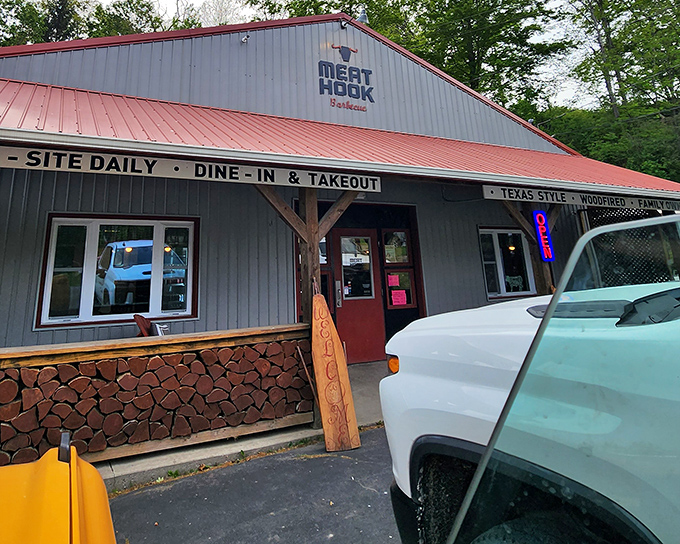 The unassuming exterior of Meat Hook BBQ promises Texas-style goodness with that cheerful ice cream cone sign—because what's a barbecue feast without dessert?