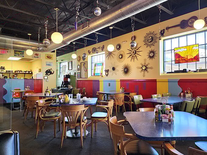 Colorful walls and quirky décor make dining here a fun experience where every meal feels cheerful and inviting.