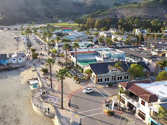 Avila Beach from above – where palm trees stand like exclamation points and the ocean whispers, "Slow down, you've arrived at California's best-kept coastal secret."