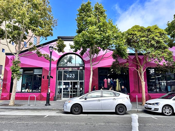 The hot pink exterior of Community Thrift Store isn't just eye-catching—it's a beacon of bargain-hunting hope in San Francisco's Mission District.