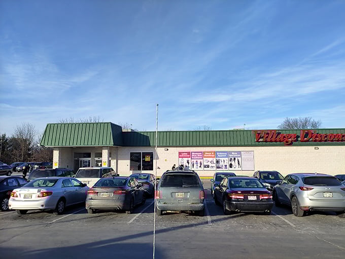 The unassuming exterior of Village Discount Outlet in Akron hides a treasure trove of affordable fashion waiting to transform your wardrobe without emptying your wallet.