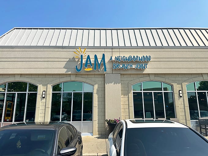 The bright blue JAM sign welcomes hungry patrons like a breakfast beacon in the suburban wilderness of Ellicott City.