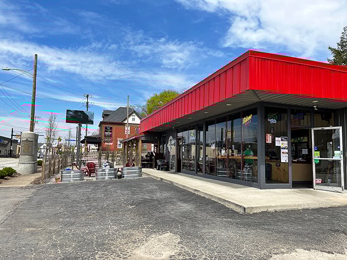 The striking red awning and sleek gray exterior of Off the Rails isn't just eye-catching—it's a beacon calling to barbecue lovers across Pennsylvania.